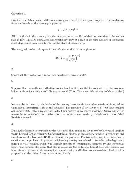 Solved Question 1consider The Solow Model With Population