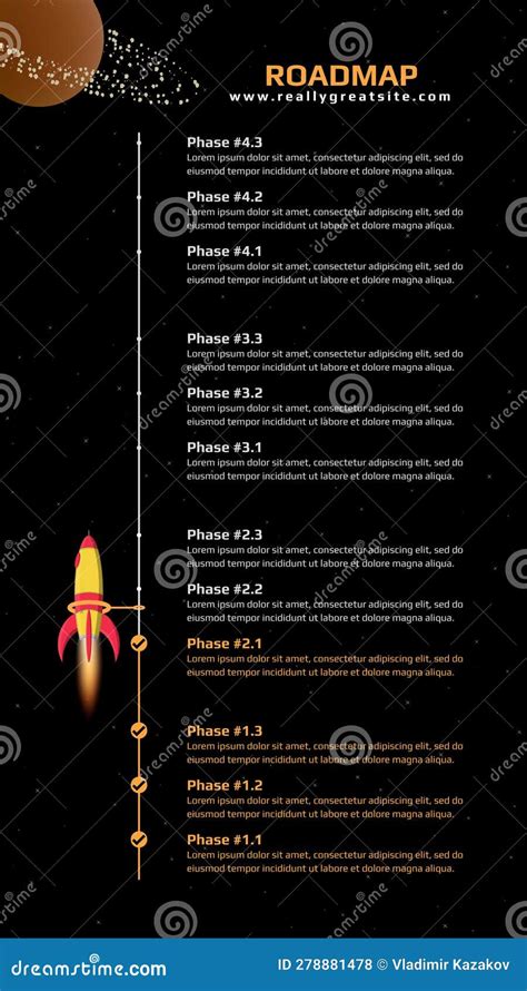 Vertical Roadmap With Rocket And Milestones On Space Black Background