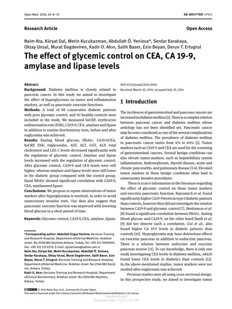 Pdf The Effect Of Glycemic Control On Cea Ca 19 9 Amylase And