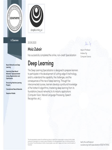Coursera Deep Learning Specialization Certificate Pdf
