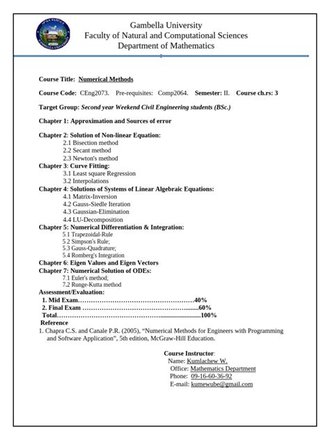 Numerical Methods Course Outline Weekend Pdf