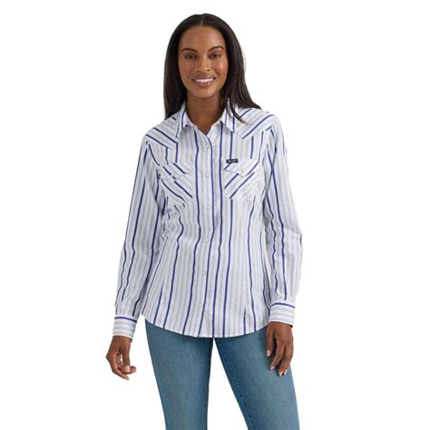 Wrangler Womens Blue Stripe Snap Shirt
