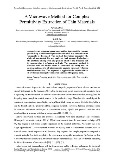 Pdf A Microwave Method For Complex Permittivity Extraction Of Thin