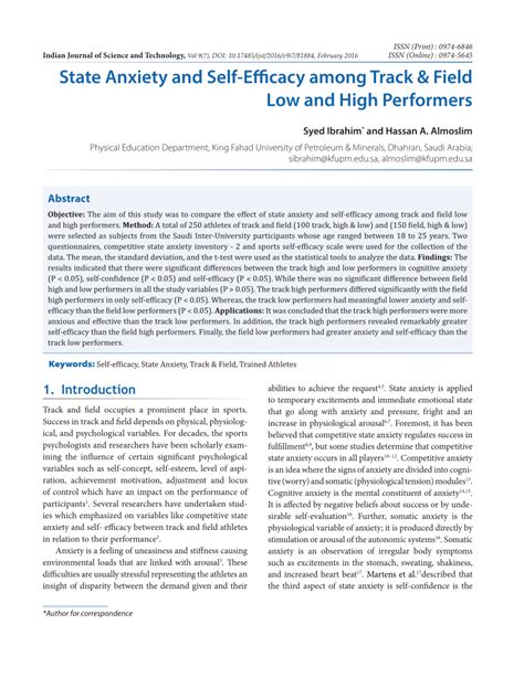 Pdf State Anxiety And Self Efficacy Among Track And Field Low And
