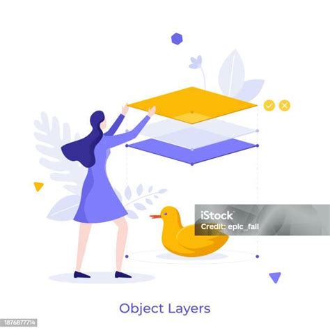 사각형 모양을 다른 사람과 고무 오리 위에 놓는 여자 그래픽 디자인 디지털 조각 3d 모델링 예술에서 개체 레이어의 개념 현대