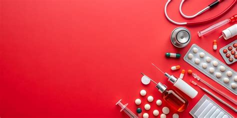 Glucometer Stethoscope And Measuring Tape On Red Background Space For
