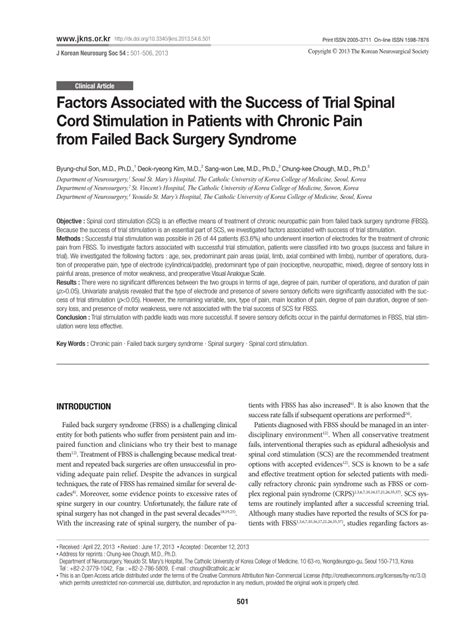 Pdf Factors Associated With The Success Of Trial Spinal Cord Stimulation In Patients With