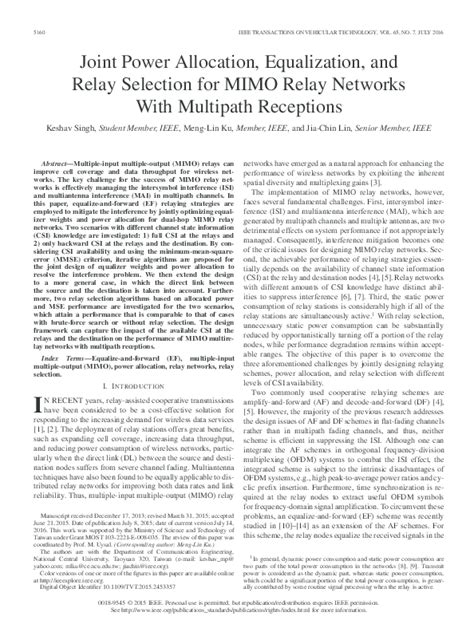 Pdf Joint Power Allocation Equalization And Relay Selection For Mimo Relay Networks With