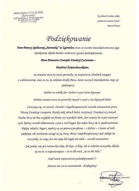 Podziękowanie DPS Jutrzenka za wsparcie finansowe Fundacji Castorama Starostwo Powiatowe w
