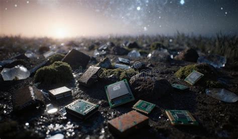 Old Computer Chips Scattered In A Misty Landscape Stock Illustration
