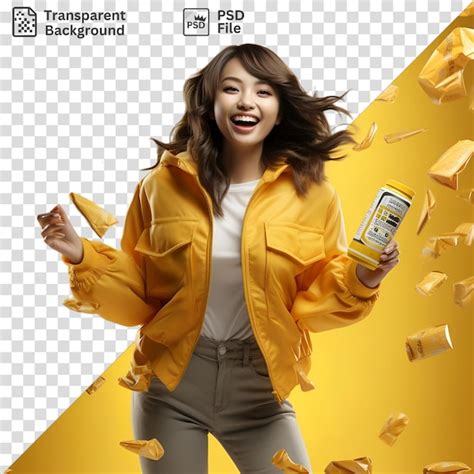 Premium Psd Promotional Cheerleader With Long Brown Hair Wearing A Yellow Jacket And Gray