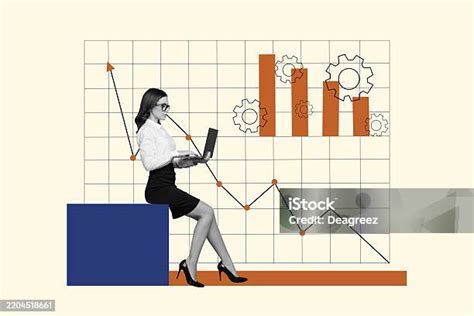합성물 스케치 이미지 추세 삽화 3d 사진 콜라주 젊은 여자의 보류 노트북 사무실 관리자 프로젝트 성장 통계 통계 제도법 톱니 바퀴 20 24세에 대한 스톡 사진 및 기타