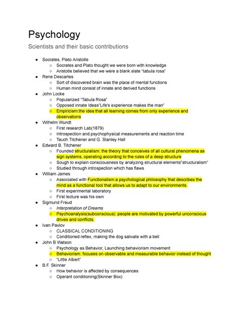 Psychology Study Guide Unit 1 Psychology Scientists And Their Basic