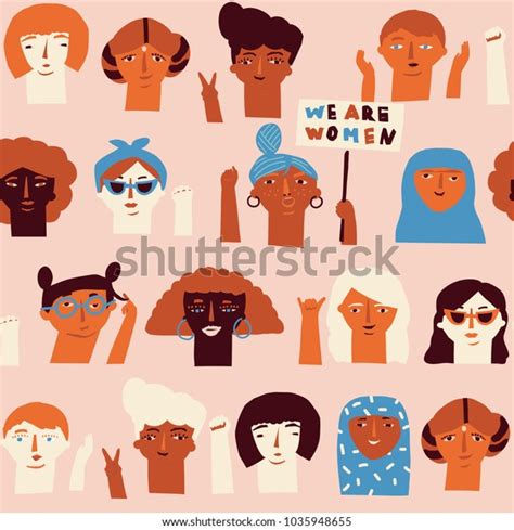 Female Diverse Faces Different Ethnicity Seamless Stock Vector Royalty