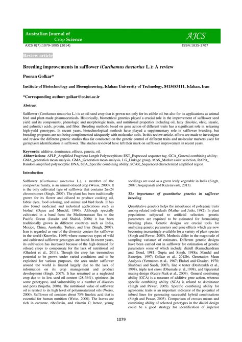 Pdf Breeding Improvements In Safflower Carthamus Tinctorius L A Review