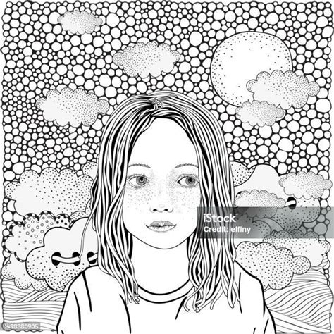 긴 머리를 가진 귀여운 소녀 왼쪽을 본다 달 바다 구름이 있는 흑백 판타지 그림 성인과 어린이를 위한 불안 완화 색칠하기 책