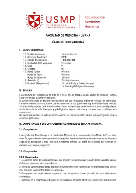 Silabo Fisiopatologia 2024 I 1 Facultad De Medicina Humana SÍlabo De