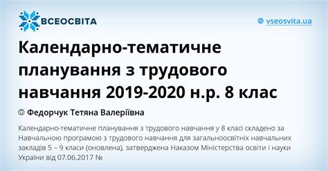 Календарно тематичне планування з трудового навчання 2019 2020 н р 8 клас Інші методичні