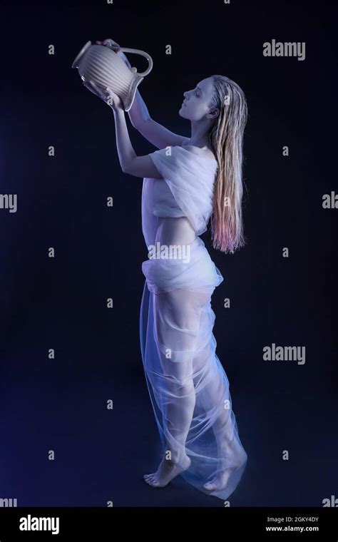 Beautiful Young Woman With Amazing Body Art As Aquarius Against Dark Background Zodiac Signs