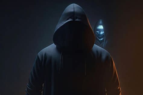 Premium Ai Image Mysterious Man Wearing Black Hoodie Using Laptop In