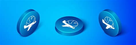 하늘을 나는 비행기 아이콘이 있는 아이소메트릭 지구본은 파란색 배경에 분리되어 있다 비행기는 지구 주위를 날아다닙니다 항공기 세계 아이콘입니다 파란색 원 버튼입니다 벡터 3