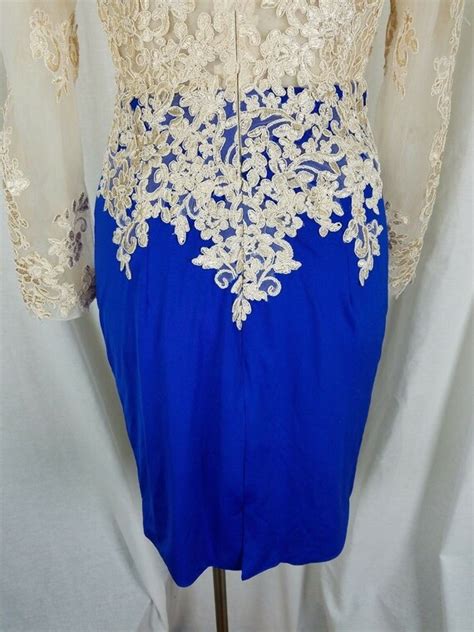 Vintage Nude Cream Floral Lace Cobalt Blue Dress Form Gem