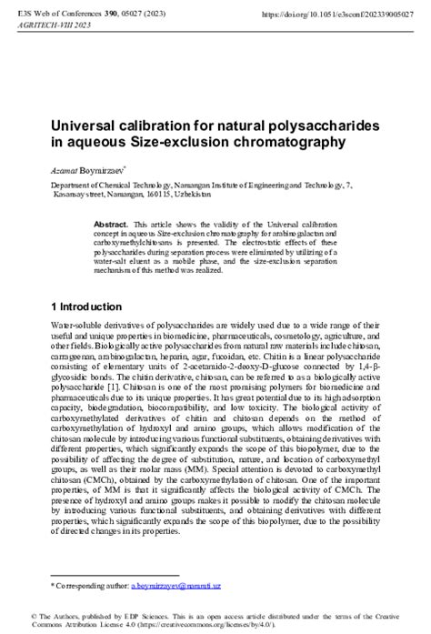 Pdf Universal Calibration For Natural Polysaccharides In Aqueous Size Exclusion Chromatography