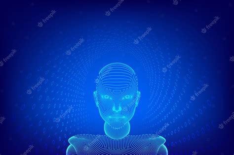 일체 포함 인공 지능 인공 지능 뇌 추상 디지털 인간의 얼굴입니다 로봇 디지털 컴퓨터 해석에 인간의 머리입니다 로봇 공학 와이어 프레임 헤드 개념 삽화