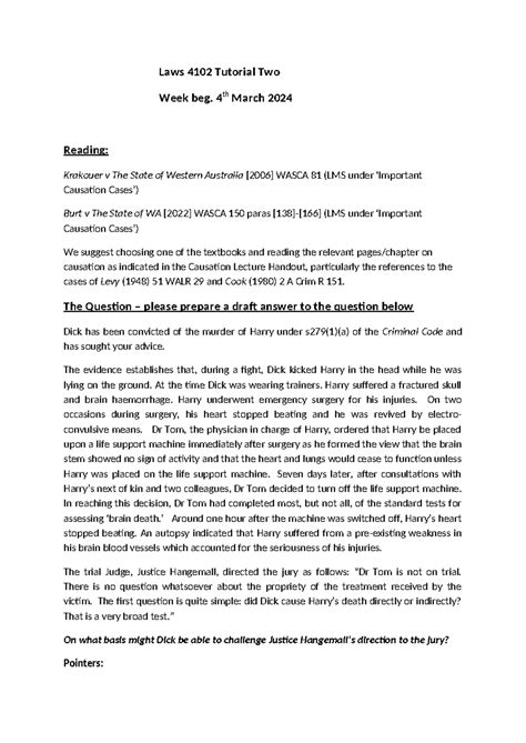 Laws4102 Tutorial 2 2024 Causation Laws 4102 Tutorial Two Week Beg