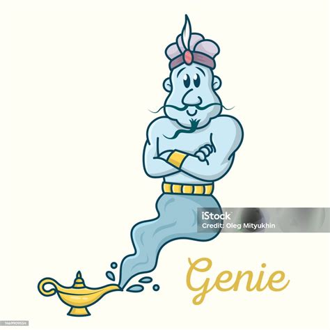 램프에서 지니 빨간 아랍 터번을 쓴 마법의 캐릭터 캐릭터 전통 페르시아 이야기 강력한 마법의 벡터 생물 감정에 대한 스톡 벡터 아트 및 기타 이미지 Istock