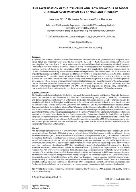 Pdf Characterisation Of The Structure And Flow Behaviour Of Model