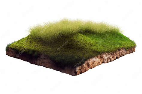3d 그림 지구 토지와 녹색 잔디 토지 아이소메트릭이 있는 원형 토양 횡단면 프리미엄 사진