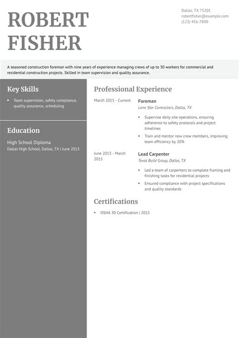 Construction Foreman Resume Foreman Resume Samples Velvet Jobs