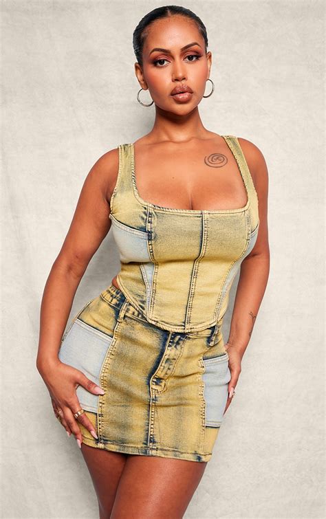 Shape Yellow Washed Denim Corset Shape Prettylittlething