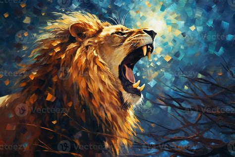 An Angry Lion With An Open Mouth And Sharp Teeth Roars In The Thicket