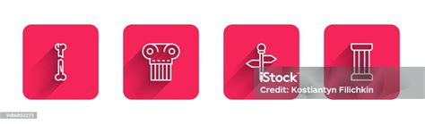 인간의 부러진 뼈 고대 기둥 도로 교통 표지판 및 긴 그림자를 설정하십시오 빨간색 사각형 버튼입니다 벡터 거리에 대한 스톡 벡터 아트 및 기타 이미지 Istock