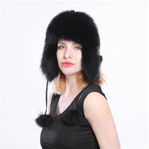 Womens Genuine Fox Fur Trapper Hat With Pom Poms Winter Ear Flaps