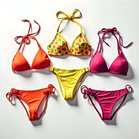 A Collection Of Bikinis With A Yellow Bow And Red And Green Ones