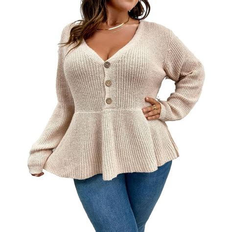 Casual Plain Deep V Neck Pullovers Long Sleeve Apricot Plus Size