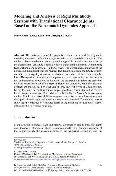 Pdf Modeling And Analysis Of Rigid Multibody Systems With Translational Clearance Joints