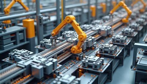 Modern Factory Shows Automated Assembly Line Robotic Arms Work On Product Manufacturing