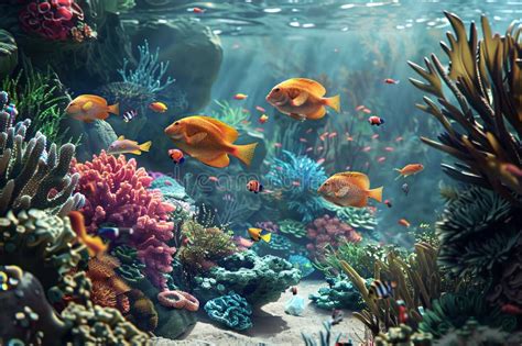 A Large Aquarium Filled With Numerous Colorful Fish Swimming Among