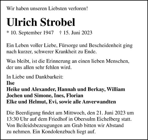 Traueranzeigen Von Ulrich Strobel Trauerundgedenken De