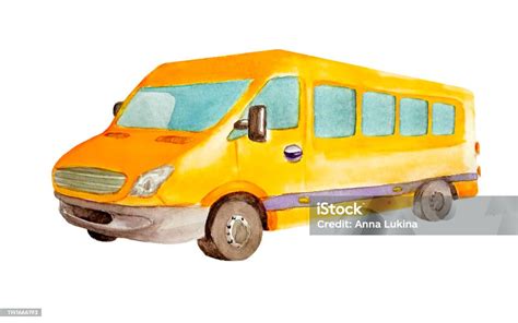 엽서 비즈니스 및 어린이 카드 화물 운송 교통 또는 운송 노동자의 일의 그림에 대 한 흰색 배경에 고립 수채화 오렌지 미니 버스