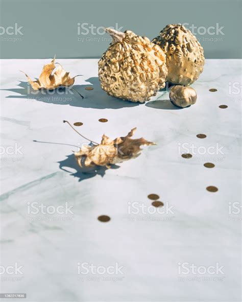 황금 호박과 마른 잎으로 가을 배경 가을 장식 대리석에 복사 공간 0명에 대한 스톡 사진 및 기타 이미지 0명 가을