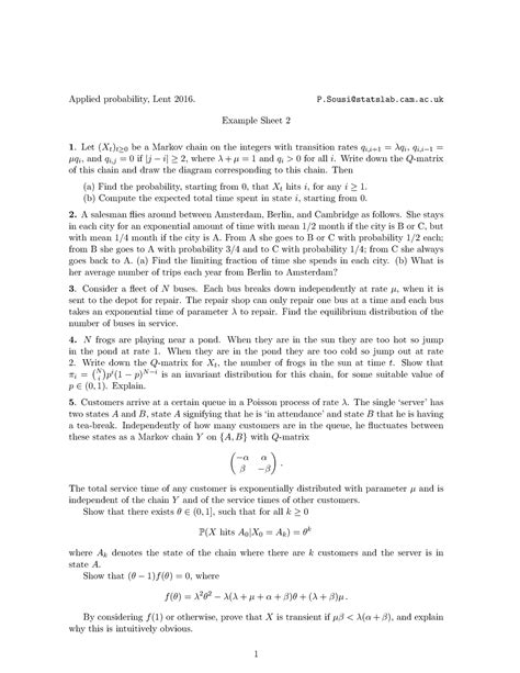 Applied Probability 2015 2016 Example Sheet 2 Applied Probability