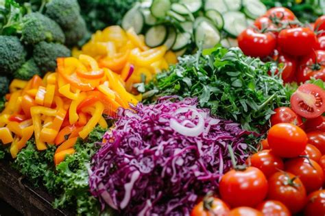 a colorful array of fresh vegetables artfully arranged on a plate stock