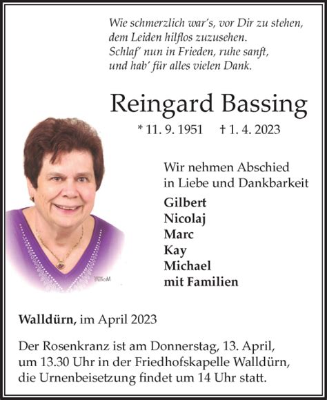 Traueranzeigen Von Reingard Bassing Trauerportal Ihrer Tageszeitung