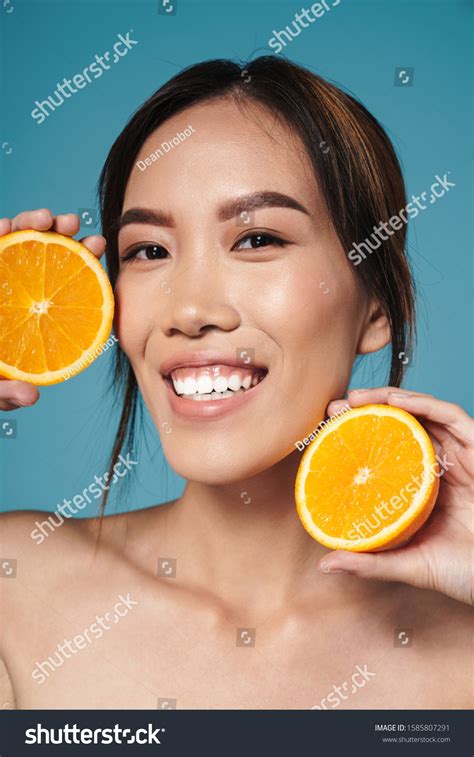 Portrait Halfnaked Asian Woman Holding Orange Stock Photo 1585807291