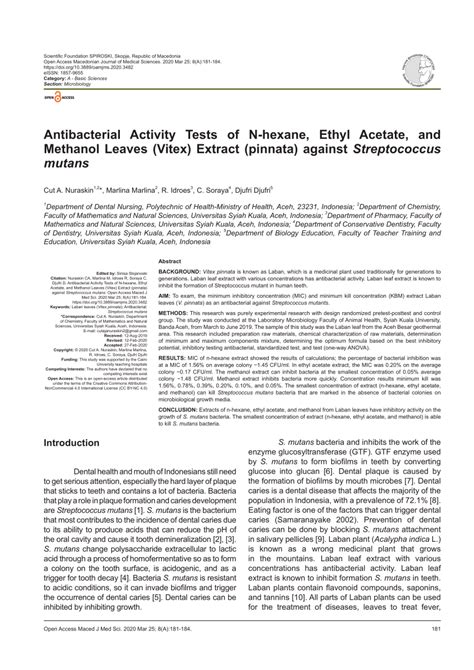 Pdf Antibacterial Activity Tests Of N Hexane Ethyl Acetate And Methanol Leaves Vitex